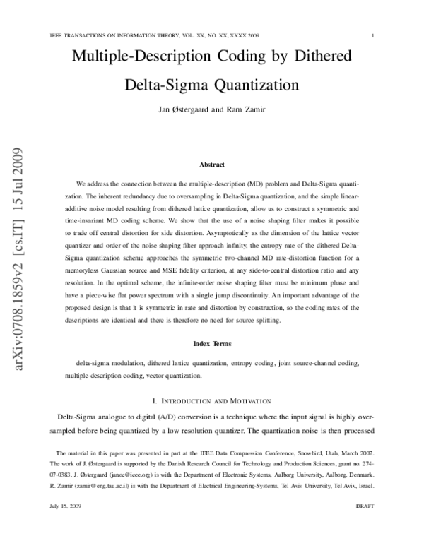 Pdf Multiple Description Coding By Dithered Deltasigma Quantization Jan Østergaard