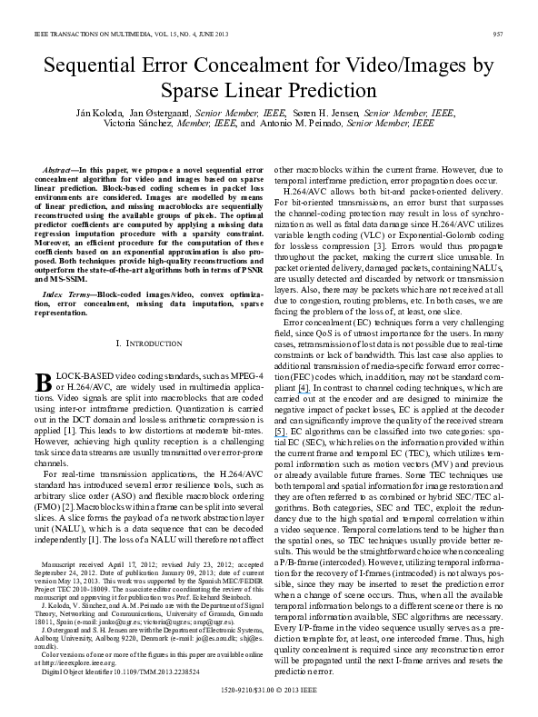 Pdf Sequential Error Concealment For Videoimages By Sparse Linear Prediction