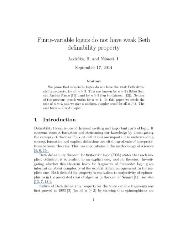 (PDF) Finite-Variable Logics Do Not Have Weak Beth Definability Property