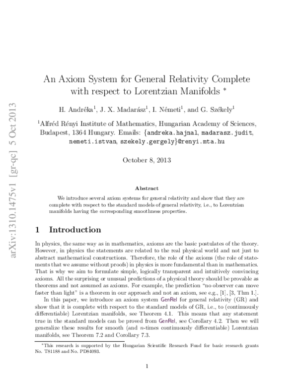 (PDF) An Axiom System for General Relativity Complete with respect to ...