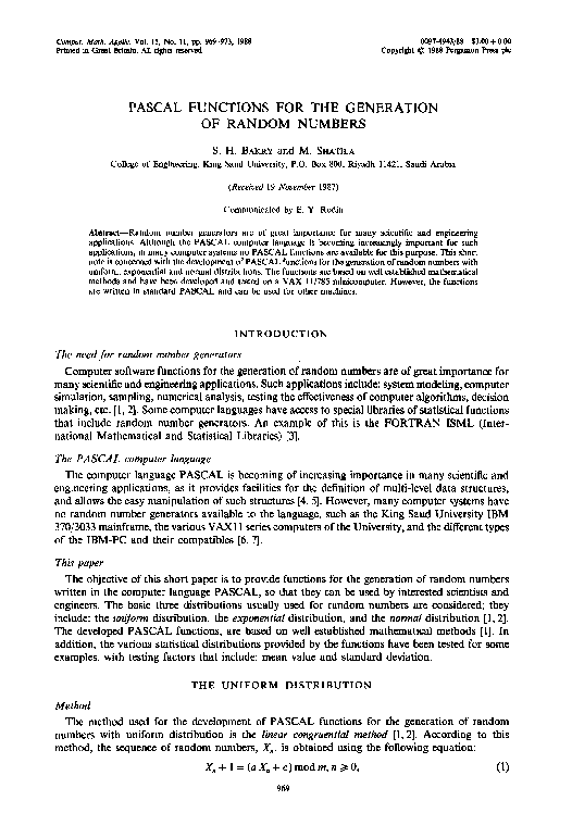 (PDF) Pascal functions for the generation of random numbers
