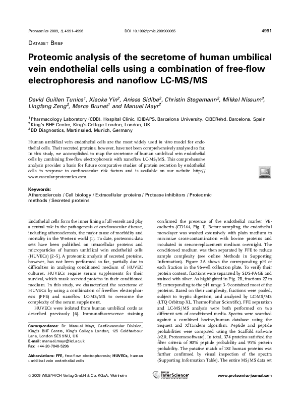 (PDF) Proteomic analysis of the secretome of human umbilical vein endothelial cells using a ...