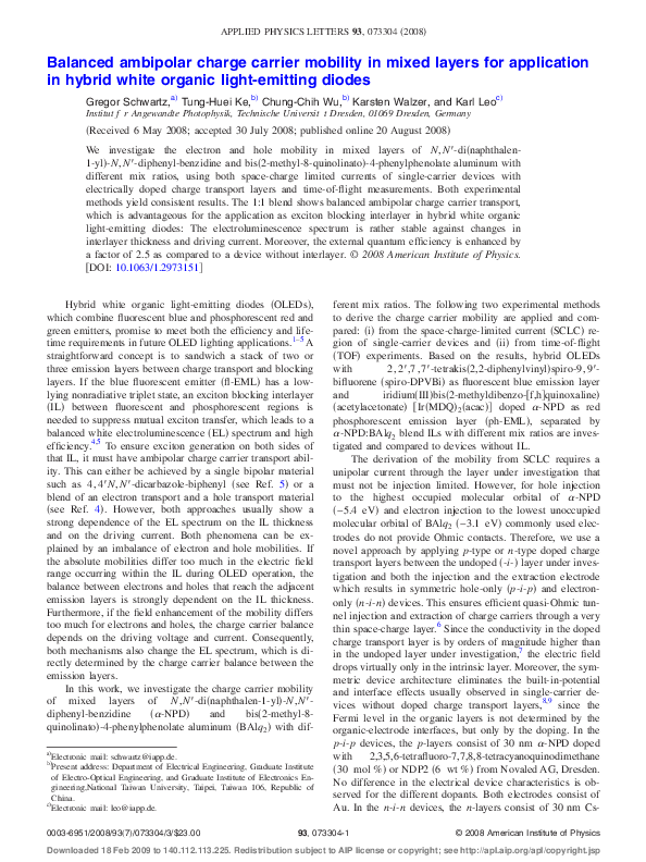 (PDF) Balanced ambipolar charge carrier mobility in mixed layers for ...