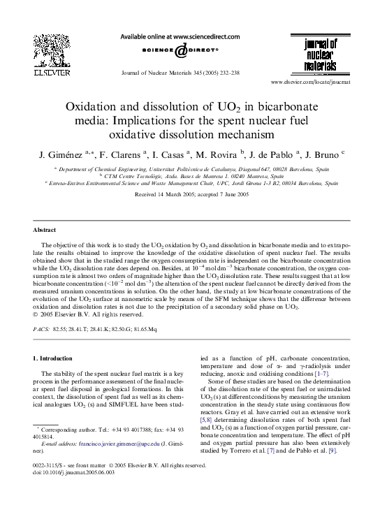 (PDF) Oxidation and dissolution of UO2 in bicarbonate media ...