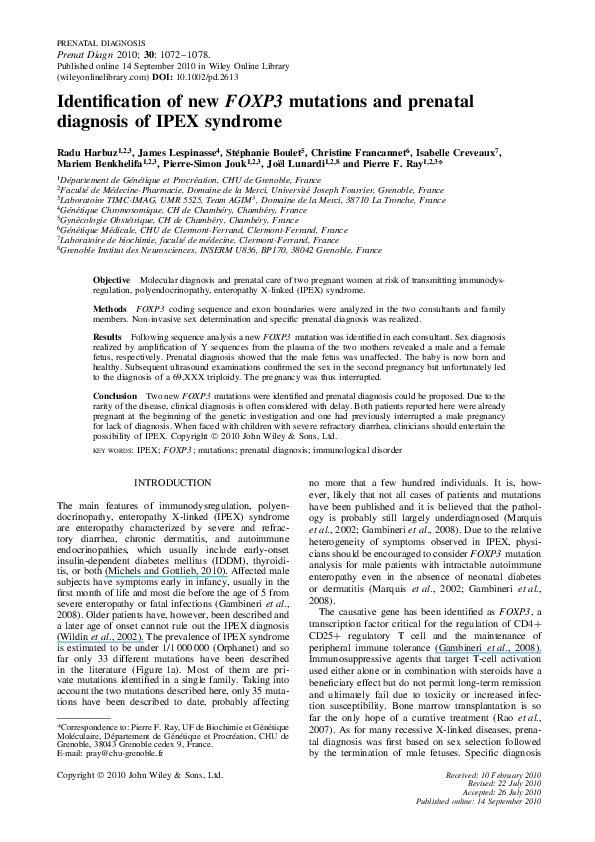 (PDF) Identification of new FOXP3 mutations and prenatal diagnosis of ...