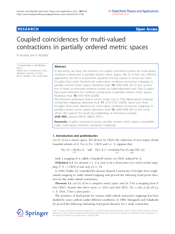 Pdf Coupled Coincidences For Multi Valued Contractions In Partially Ordered Metric Spaces