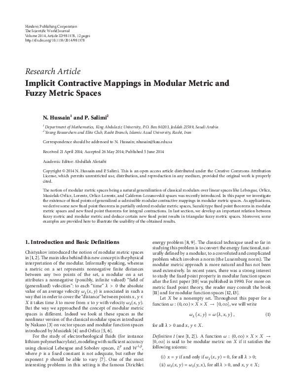 (PDF) Implicit contractive mappings in modular metric and fuzzy metric spaces