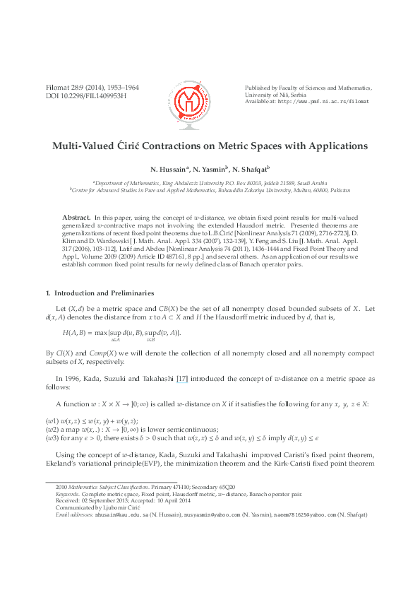 Pdf Multi Valued Ciric Contractions On Metric Spaces With Applications