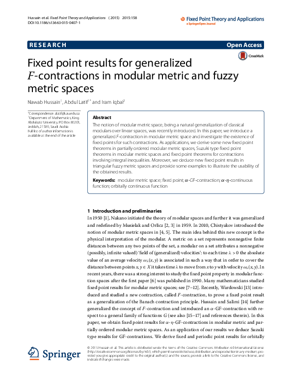 Pdf Fixed Point Results For Generalized F Contractions In Modular Metric And Fuzzy Metric