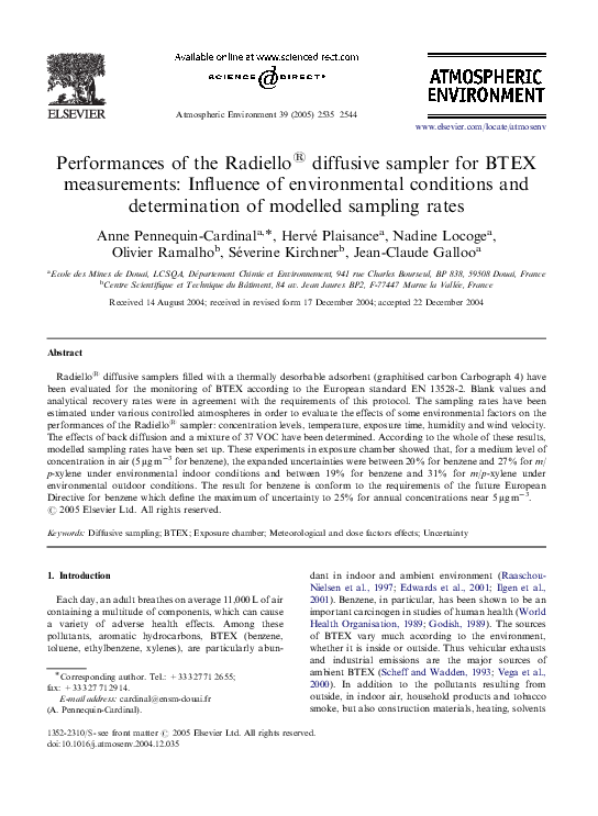 (PDF) Performances of the Radiello diffusive sampler for BTEX ...