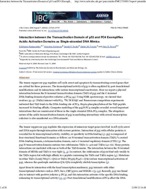 (PDF) Interaction between the Transactivation Domain of p53 and PC4 Exemplifies Acidic ...