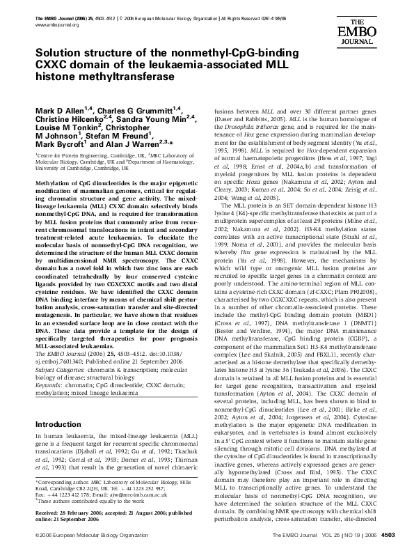 (PDF) Structure of the MLL CXXC domain–DNA complex and its functional ...