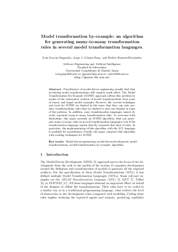 Pdf Model Transformation By Example An Algorithm For Generating Many To Many Transformation