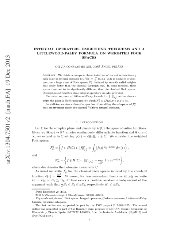Pdf Integral Operators Embedding Theorems And A Littlewood Paley Formula On Weighted Fock
