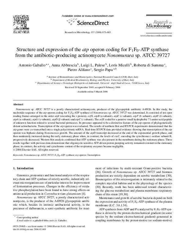 (PDF) Structure and expression of the atp operon coding for F1F0-ATP ...