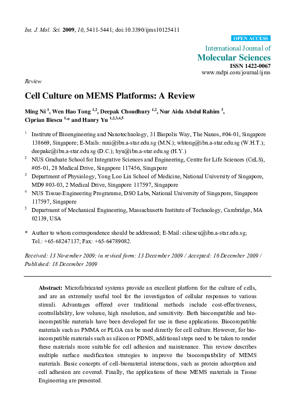 (PDF) Cell Culture on MEMS Platforms: A Review