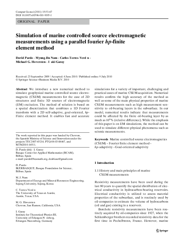 (PDF) Simulation of marine controlled source electromagnetic measurements using a parallel ...