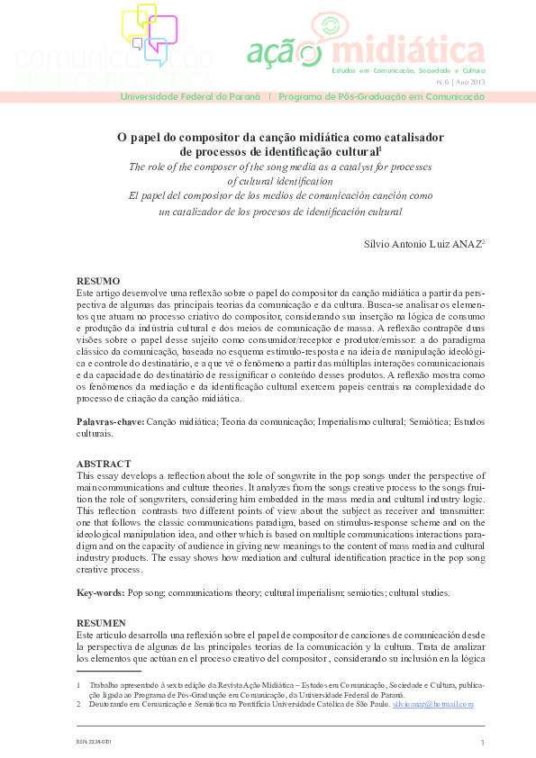 Pdf O Papel Do Compositor Da Canção Midiática Como Catalisador De