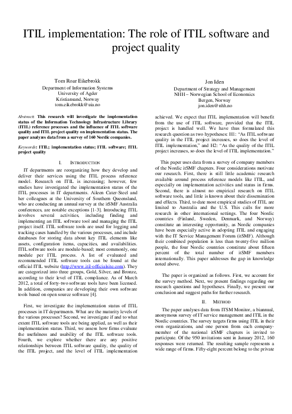 (PDF) ITIL implementation: The role of ITIL software and project quality