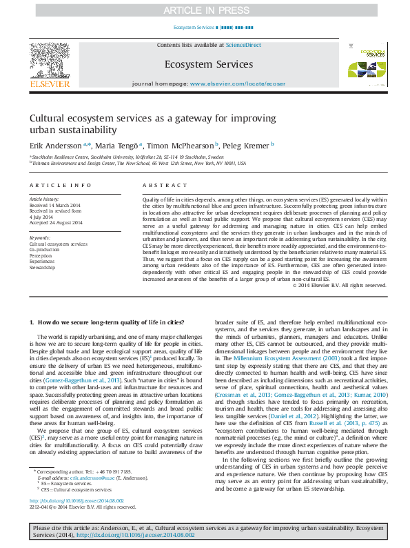 (PDF) Cultural ecosystem services as a gateway for improving urban ...
