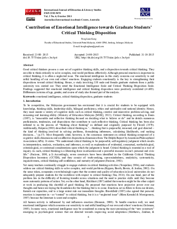 (PDF) Contribution of Emotional Intelligence towards Graduate Students’ Critical Thinking ...