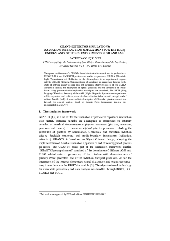 (PDF) GEANT4 DETECTOR SIMULATIONS: RADIATION INTERACTION SIMULATIONS FOR THE HIGH-ENERGY ...