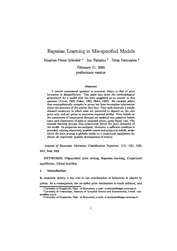 (PDF) Bayesian learning in mis-specified models