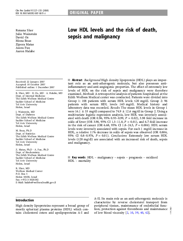 (PDF) Low HDL levels and the risk of death, sepsis and malignancy