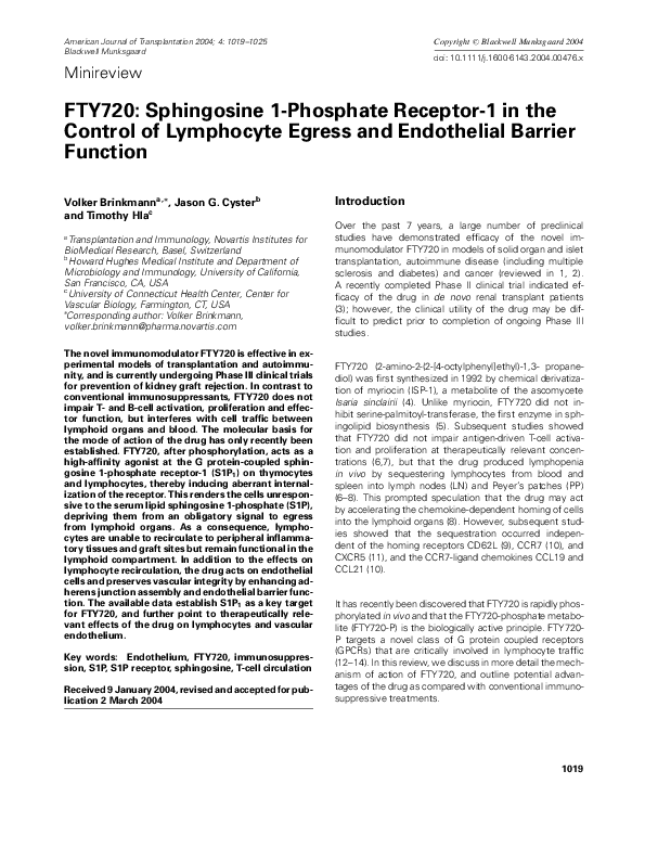 (PDF) FTY720: Sphingosine 1-Phosphate Receptor-1 in the Control of ...