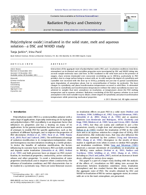 (PDF) Poly(ethylene oxide) irradiated in the solid state, melt and aqueous solution—a DSC and ...