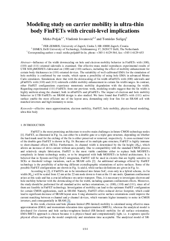 (PDF) Modeling study on carrier mobility in ultra-thin body FinFETs with circuit-level implications