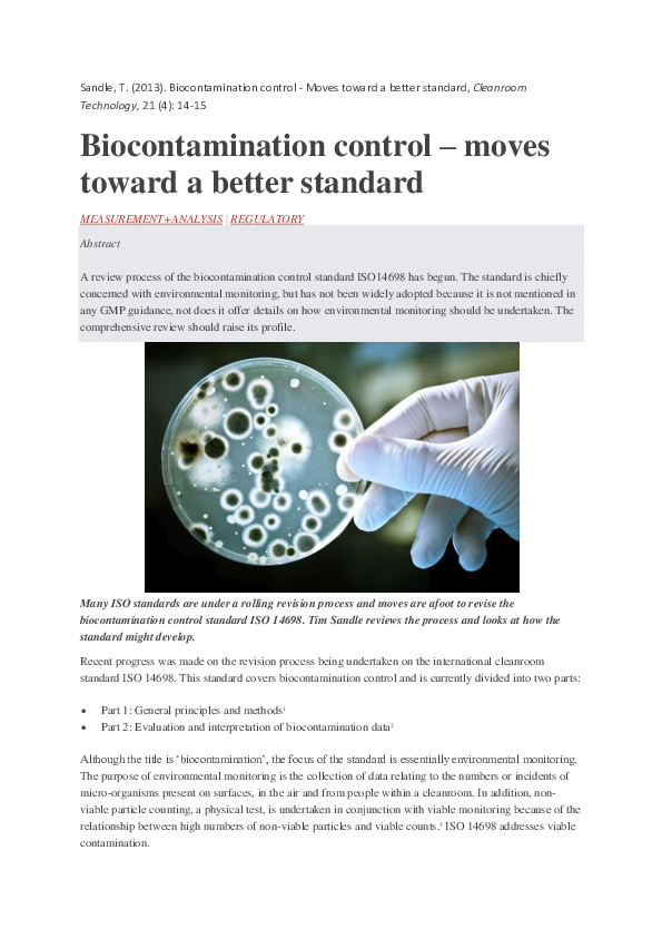 (PDF) Biocontamination control - Moves toward a better standard
