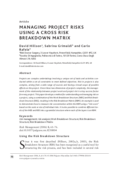 (PDF) Managing Project Risks Using a Cross Risk Breakdown Matrix