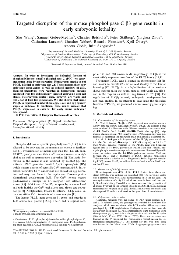 (PDF) Targeted disruption of the mouse phospholipase C β3 gene results ...