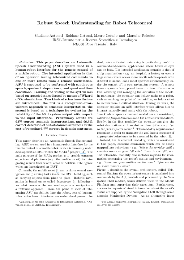 (PDF) Robust Speech Understanding for Robot Telecontrol