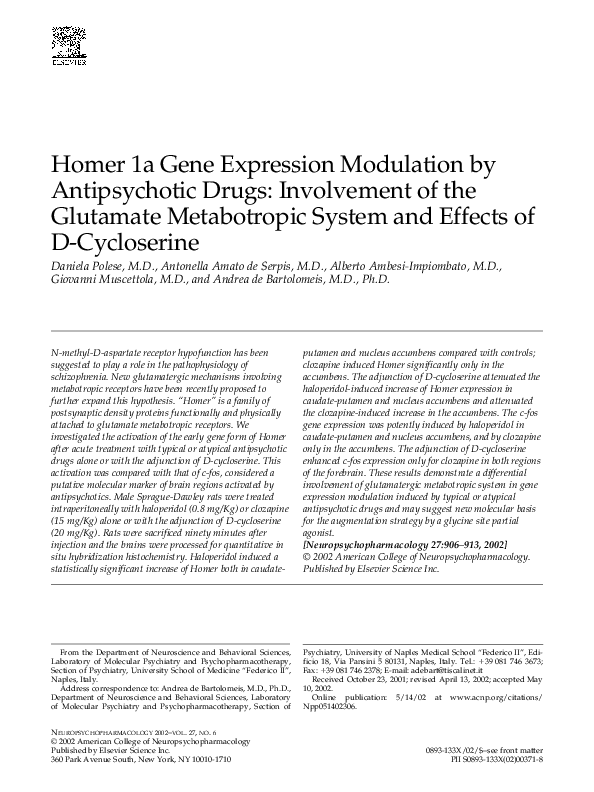 (PDF) Homer 1a Gene Expression Modulation by Antipsychotic Drugs ...