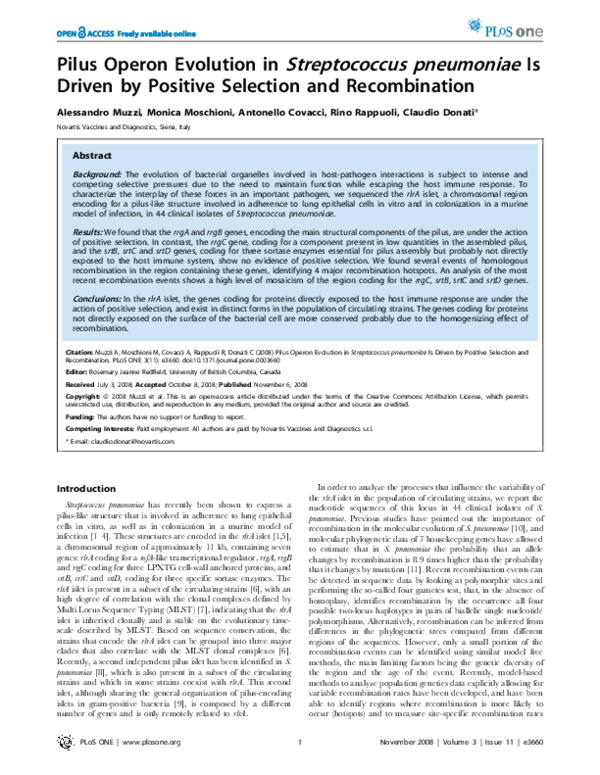 (PDF) Pilus Operon Evolution in Streptococcus pneumoniae Is Driven by ...