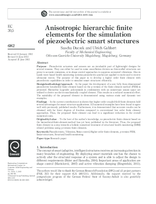 (PDF) Anisotropic hierarchic finite elements for the simulation of piezoelectric smart structures