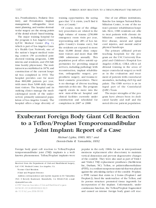 (PDF) Exuberant Foreign Body Giant Cell Reaction to a Teflon/Proplast ...