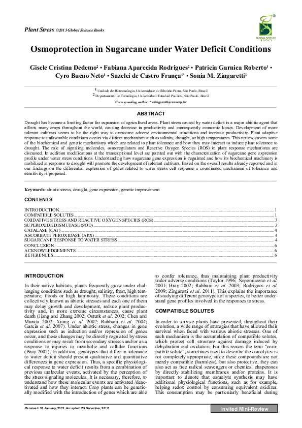 (PDF) Osmoprotection in Sugarcane under Water Deficit Conditions