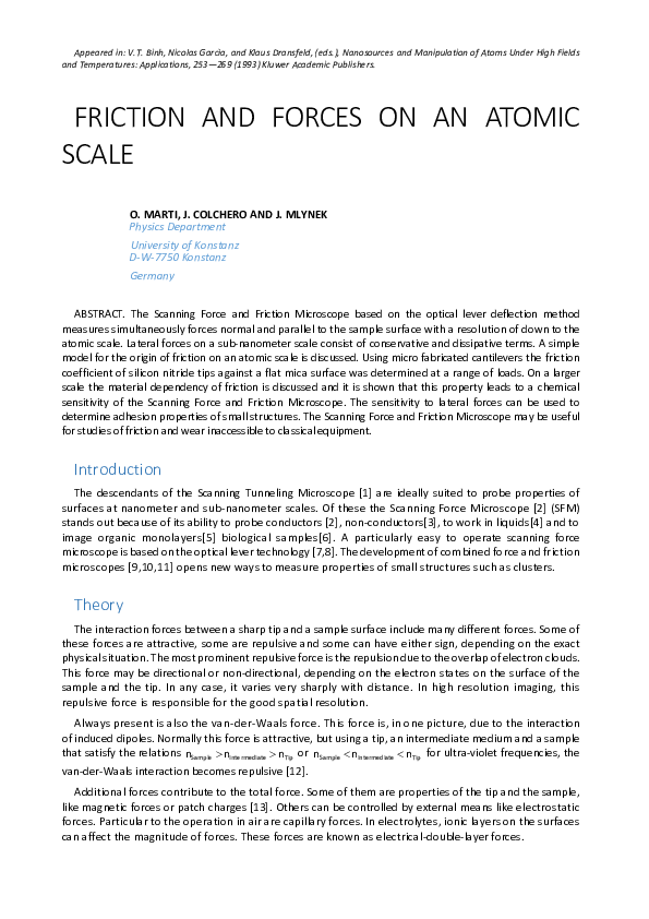 Pdf Friction And Forces On An Atomic Scale