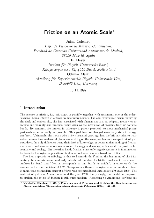 Pdf Friction On An Atomic Scale