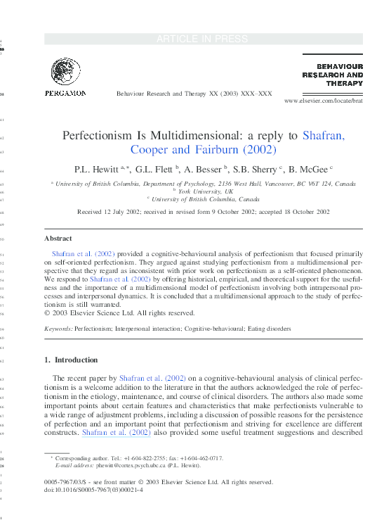(PDF) Perfectionism Is Multidimensional: a reply to Shafran, Cooper and ...