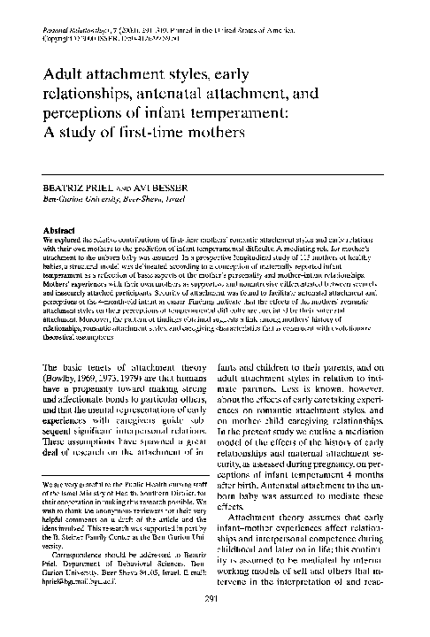 (PDF) Adult attachment styles, early relationships, antenatal ...