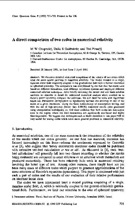(PDF) A direct comparison of two codes in numerical relativity