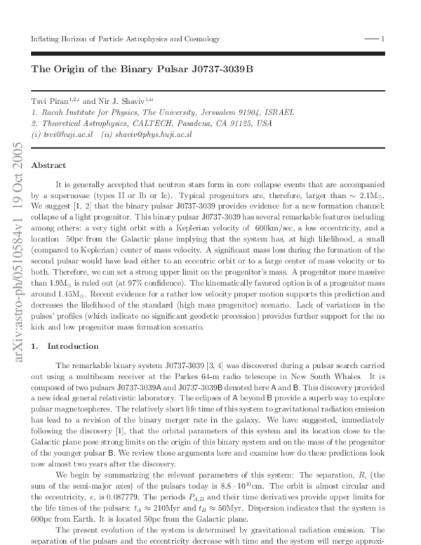 (PDF) Origin of the Binary Pulsar J0737-3039B