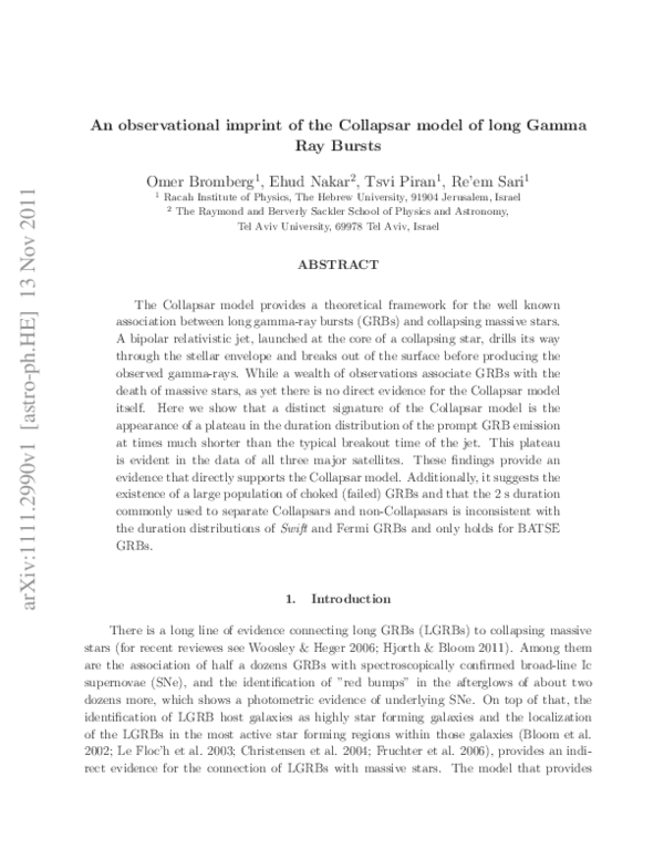 (PDF) AN OBSERVATIONAL IMPRINT OF THE COLLAPSAR MODEL OF LONG GAMMA-RAY BURSTS