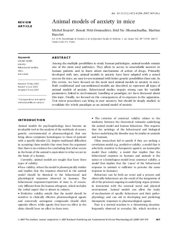 (PDF) Animal models of anxiety in mice