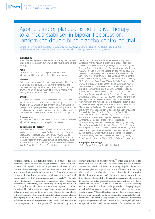(PDF) Agomelatine or placebo as adjunctive therapy to a mood stabiliser ...