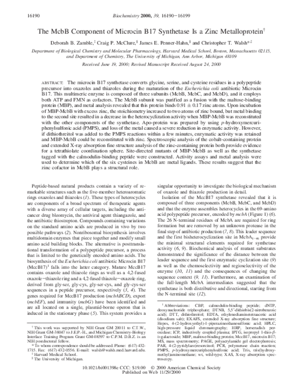 (PDF) The McbB Component of Microcin B17 Synthetase Is a Zinc ...